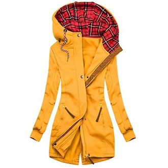 Generic Vestes pour femmes 2026 &agrave; la mode &agrave; imprim&eacute; &eacute;cossais veste &agrave; poche zipp&eacute;e sweat &agrave; manches longues manteau, jaune, 3XL