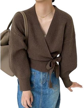 Generic Pull pour Femme 2025, col en V, Manches Longues Chauve Souris, Ceinture à Volants, Pull tricoté, Couleur café, Taille Moyenne