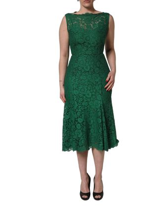Dolce & Gabbana Womens Green Floral Lace Cotton Sleeveless Midi Dress Nylon Viscose