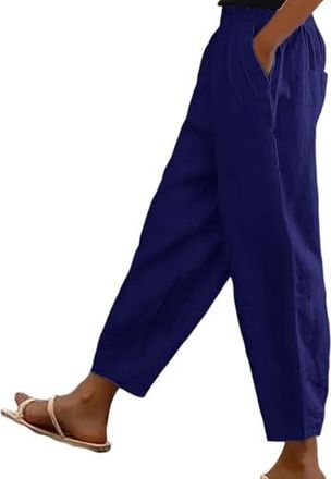 Generic Pantalon en coton et lin pour femme - Jambe large - Pantalon de plage d&eacute;t&eacute; pour femme - Confortable - Pantalon de yoga Palazzo XIYU26006, bleu marine,
