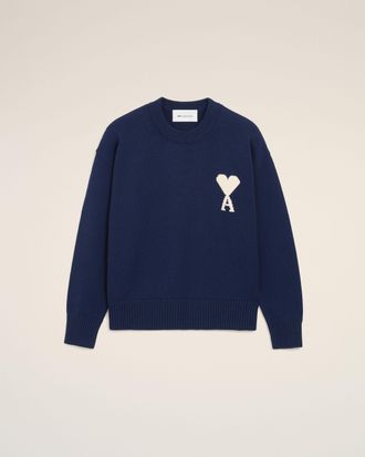 Ami Pull Bleu Col Rond Ami De Coeur en Laine Et Coton Encre & ecru - XXL - Unisex