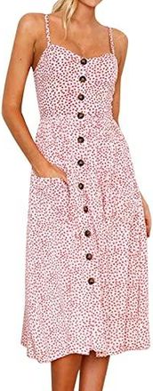 Generic Robe amincissante boh&egrave;me pour femme, robe d&eacute;t&eacute; d&eacute;contract&eacute;e &agrave; col rond, sans manches, coupe midi, rose, M