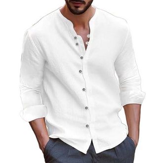 Generic Chemise en coton et lin pour homme - Chemisier dentra&icirc;nement d&eacute;contract&eacute; pour le printemps et lautomne - Col de chemise en coton &agrave; manches longues - C
