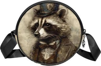 Generic Sac &agrave; bandouli&egrave;re rond pour femme, motif raton laveur, style vintage, avec fermeture &eacute;clair, bretelles r&eacute;glables, sac &agrave; main rond d&eacute;contract&eacute; pour fem