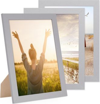 Photolini Bilderrahmen A4 Holz MDF Set, breiter DIN A4 Bilderrahmen 3er Set 21x30 Silber, bruchsicheres Acrylglas, picture frame zum Aufhängen & Aufstellen, Bil