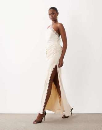 Asos Robe longueur mollet effet drap&eacute; devant avec encolure am&eacute;ricaine et bordures en dentelle - Ivoire-Neutral