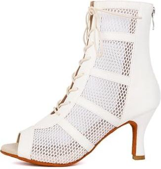 Miyoopark Chaussures de danse pour femme - Talon haut - Bottes de soir&eacute;e latine, L446 - Synth&eacute;tique - Blanc - Talon 7 5 cm, 43.5 EU