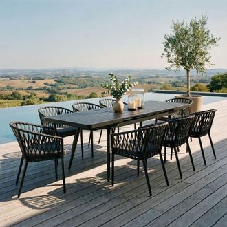 IDIMEX Gartenm&ouml;bel Set Sunny mit ausziehbarem Esstisch und 8 St&uuml;hlen, Esstisch Gestell aus Alu in schwarz, Seilbespannung der St&uuml;hle in grau, Essgruppe inkl.