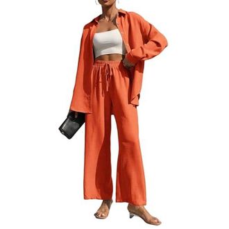 Generic Ensemble deux pièces pour femme avec chemise boutonnée sur le devant et pantalon large à nouer sur le devant, revers grande taille, couleur unie, tenu