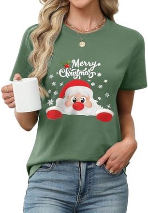 Heekpek Tee Shirt Noel Femme Col Rond T-Shirts &agrave; Manches Courtes Coton Tshirt de Noel Haut D&eacute;contract&eacute; Drole T Shirt avec Impression, Vert P&egrave;re No&euml;l, S