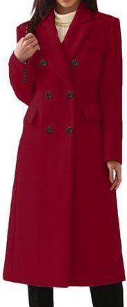 Generic Long Wool Winter Coats for Women Classic Plus Size Notched Lapel Trench Coat Double Breasted Warm Jacket Overcoat Wine Red 3X Large