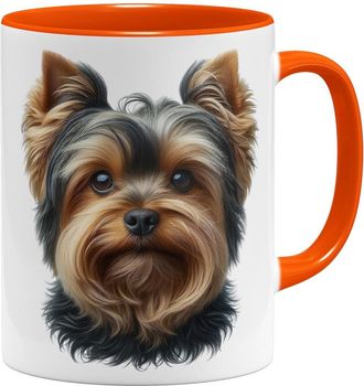 OM3 süße Kaffee-Tasse mit Hundemotiv - Yorkshire Terrier - Yorkie - Hund | Keramik Becher | 325ml | Beidseitig Bedruckt | Orange