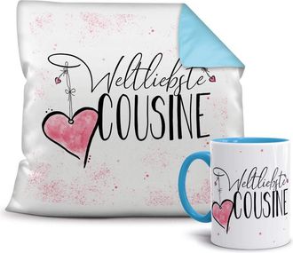 Tassendruck Geschenkset für die Weltbeste Cousine - Tasse und Kissen - Himmelblau/Verwandte/Geschenk-Idee/Liebling/Familie