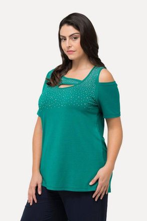 Ulla Popken T-Shirt T-Shirt Ziersteine A-Linie Cut-Outs Halbarm