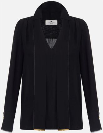 Elisabetta Franchi Femme, Blouses et Chemises, Noir, Taille: 40 FR Blouse en Georgette de Viscose avec Ceinture &agrave; Nouer