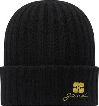 Ganni Caps & M&uuml;tzen - Ribbed Knit Wool Blend Beanie With Contrasting Log - Gr. ONE SIZE - in Schwarz - f&uuml;r Damen