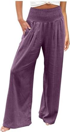 Generic Pantalon de plage en lin &eacute;lastique taille haute avec poches pour femme, violet, 3XL