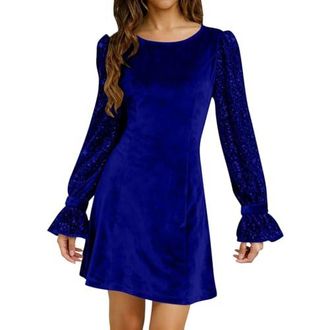 Generic Mini robe en velours &agrave; paillettes pour femme, coupe trap&egrave;ze, manches cloches, manches cloches scintillantes, robe de soir&eacute;e, de cocktail, pour occasio