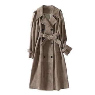 Generic Veste en daim v&eacute;ritable pour femme - Manteau dhiver &eacute;l&eacute;gant en peau de mouton marron &agrave; double boutonnage avec ceinture fine, EN8, M