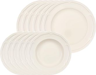 Villeroy & Boch Manoir Tafelservice 12-teilig, Speiseteller (27 cm) und Suppenteller (23 cm) f&uuml;r 6 Personen, Klassisches Geschirr-Set mit Relief, Premium Porzellan, W