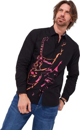 Joe Browns Herren Music Man Placement Print Long Sleeve Shirt Hemd mit Button-Down-Kragen, Schwarz, L