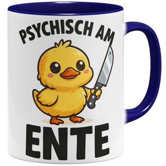 OM3 Psychisch am Ente Kaffee-Tasse mit Spruch - Spruchtasse Fun Motiv - Schwarzem Humor - Keramik Becher - 325ml - Beidseitig Bedruckt - Dunkelblau