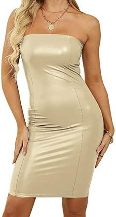 Feoya Femme Robe en Simili Cuir Synthétique Mini Robe Sexy Courte Moulante Dos Nu Slim Robes sans Bretelles Manche Midi Wetlook Clubwear Bandeau Vêtement de