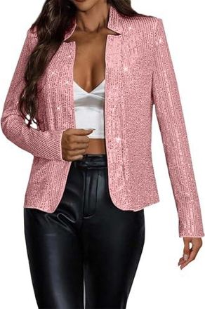 Generic Cardigan &agrave; paillettes pour femme, haut de f&ecirc;te pour femme, couleur unie, tunique brillante, cardigan d&eacute;contract&eacute; ouvert sur le devant, manteaux &agrave; col 