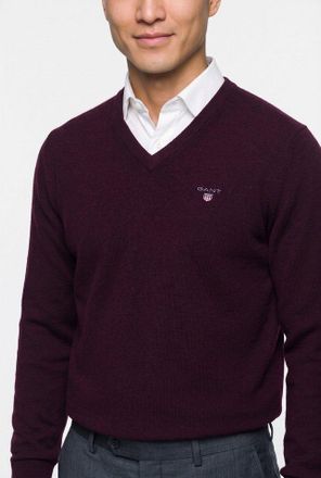 GANT V-Ausschnitt-Pullover SUPERFINE LAMBSWOOL V-NECK regular fit aus reiner Wolle, gerippte Abschl&uuml;sse