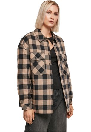 Urban Classics Damen Ladies Flanell Padded Overshirt Jacke, Black/softtaupe, 4XL