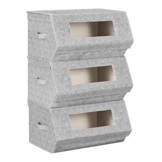 Woltu Lot de 3 Bo&icirc;tes de Rangement Empilables, Organiseurs en Tissu Pliables avec Fen&ecirc;tre Transparente, Fermeture Magn&eacute;tique, Cadre M&eacute;tallique et Poign&eacute;es, 