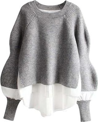 Generic Chemise pour femme Patchwork Pull Mode Manches Faux Deux Pi&egrave;ces &Eacute;l&eacute;gant et Polyvalent Tricot, gris, Taille unique