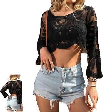 Generic Femmes Floral Brod&eacute; Semi-Transparent Mignon Manches Longues Col Rond Dentelle Plage Style Boh&egrave;me Protection Solaire Veste, Noir, Taille unique