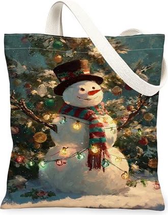 Generic Sacs fourre-tout en toile motif bonhomme de neige de No&euml;l, sacs d&eacute;picerie r&eacute;utilisables, l&eacute;gers et lavables, blanc, 13x15 Inch