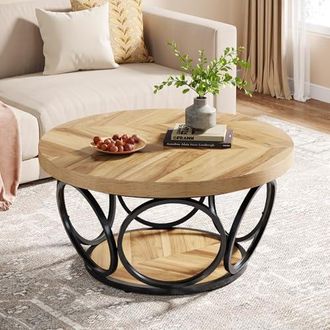 Tribesigns Table Basse Ronde 2 Niveaux, Table de Salon Bois 80 cm, Structure en m&eacute;tal, T-Able Ronde Bois, Plateau &Eacute;paissi, Facile &agrave; Monter Industriel (Grain du B