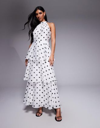 Forever New Robe longue &agrave; volants et encolure am&eacute;ricaine - Blanc &agrave; pois