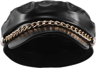 Hemobllo Casquette de Marin Femme Noire en Cuir PU avec Cha&icirc;ne, Visi&egrave;re Courte Plate, Taille Ajustable 56-60 Cm, B&eacute;ret Vintage Britannique pour Sorties et Voya