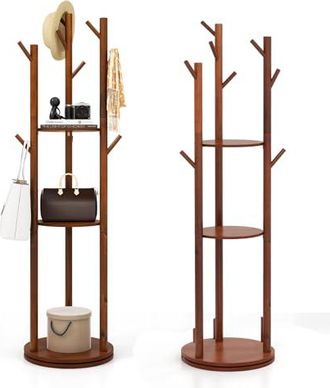 Giantex Porte Manteau sur Pieds en Bois, 9 Crochets, 3 Etag&egrave;res de Rangement, Portant &agrave; V&ecirc;tements Rotatif &agrave; 360&deg;, Support sur Pied pour Salon, Chambre, Entr&eacute;e