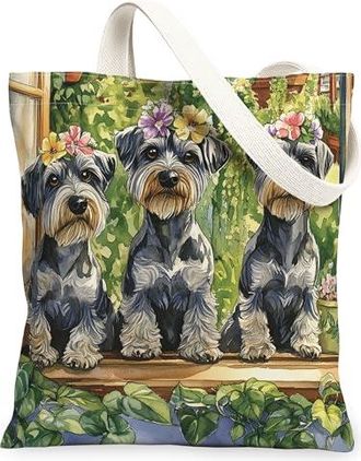 Generic Sac fourre-tout en toile motif chien schnauzer printanier 33 x 38,1 cm, sac r&eacute;utilisable &agrave; motif imprim&eacute; de plantes en pot pour femme, animal de compa