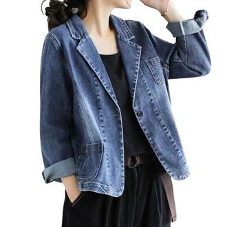 Generic Blazer en jean &agrave; un bouton pour femme, revers crant&eacute; &agrave; manches longues, veste en jean classique slim blazer de bureau, bleu, 3XL