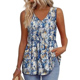 Generic Nuisette habill&eacute;e sans manches avec col en V pour femme, haut p&eacute;plum fluide 2025, t-shirt d&eacute;contract&eacute; et confortable, coupe ample, Jaune/bleu, XXL