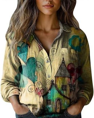 Generico Chemise Femme d&Eacute;t&eacute; Curvy &agrave; Manches Longues Blouse en Lin Coton D&eacute;contract&eacute; Respirant T Shirt Col en V Doux Chemises Vintage Fantaisie avec Boutons L&eacute;g