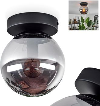 HOFSTEIN Deckenleuchte Gastor, Deckenlampe aus Metall/Glas in Schwarz/Rauchfarben, Leuchte im Retro/Vintage-Design mit Schirm aus Glas (Ø 15 cm), 1 x E27, ohne