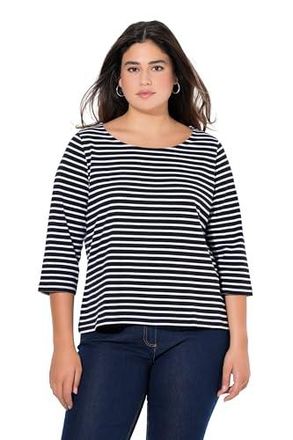 Ulla Popken 837114 T-Shirt &agrave; Rayures pour Femme, Grandes Tailles, Coupe Classique, col Rond, Manches 3/4, Noir, 54-56