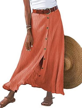 Onsoyours Femme Jupe Fendue Fleurie À Imprimé Floral Jupe Longue Boho Taille Haute Elastique Casual pour Printemps Et Été C Orange XL