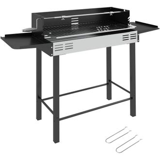 OUTSUNNY Barbecue charbon tourne broche grille - 2 tablettes lat&eacute;rales rabattables - acier inox noir