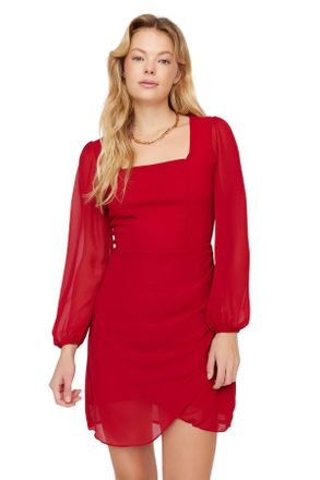 Trendyol Trendyol Womens Damen Gerade Mini Lange Ärmel Geschäft Regulär Kleid Dress, Burgundy, 34