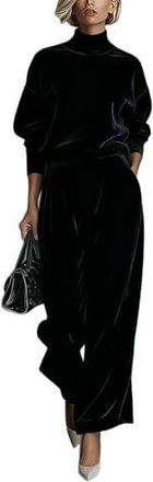 Generic Ensemble de 2 pi&egrave;ces en velours pour femme - Col roul&eacute; - Style d&eacute;contract&eacute; - Couleur unie - Pantalon large - Ensemble de deux pi&egrave;ces en velours - Pour