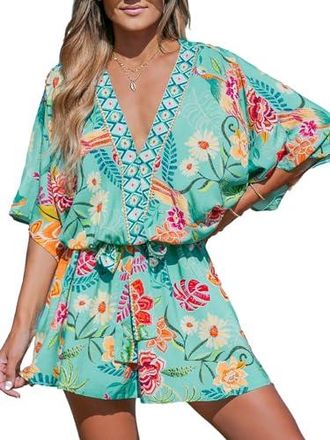 Cupshe Robe dété pour femme - Col en V - Motif floral - Avec ceinture - Coupe ample - Coupe ample - Mini robe de plage décontractée, Menthe Floral, S