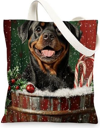 Generic Sac fourre-tout en toile r&eacute;utilisable &agrave; motif de chien Rottweilers de No&euml;l pour faire du shopping, 33 x 38,1 cm, sac d&eacute;picerie r&eacute;utilisable pour femme